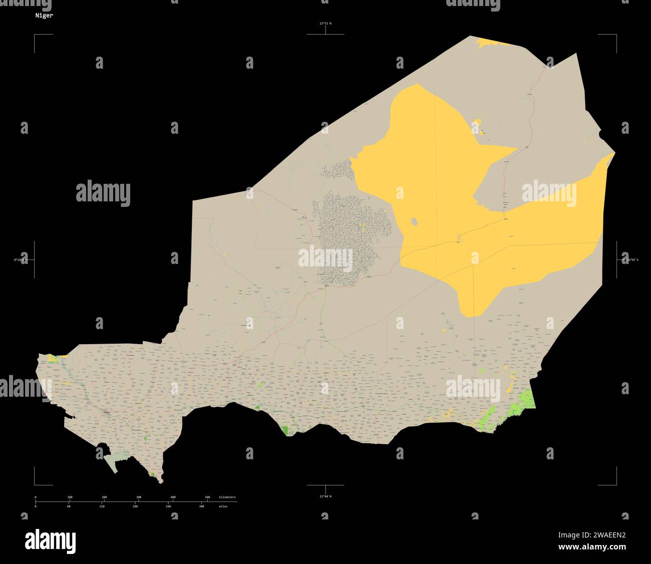 Shape of a topographic, OSM France style map of the Niger, with ...