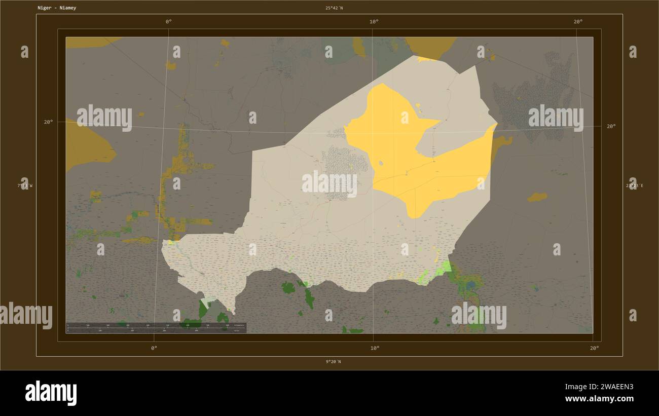 Niger highlighted on a topographic, OSM France style map map with the ...