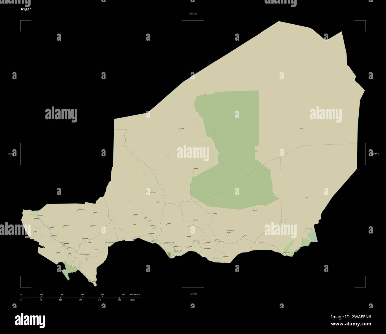 Shape of a topographic, OSM Humanitarian style map of the Niger, with ...