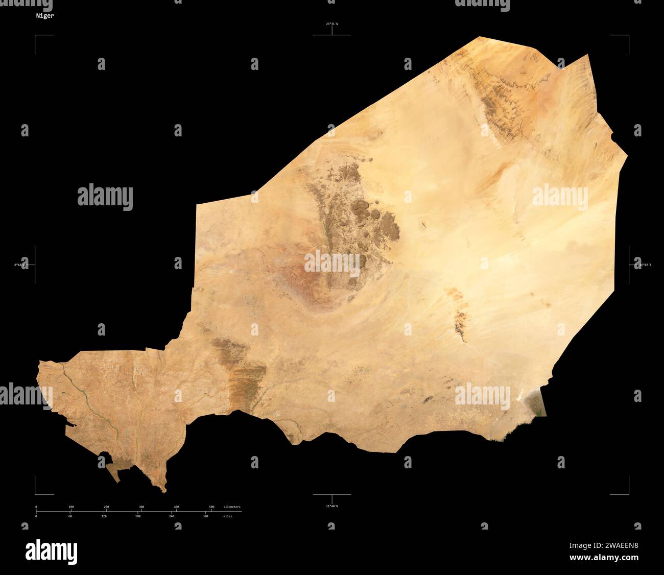 Shape of a low resolution satellite map of the Niger, with distance ...