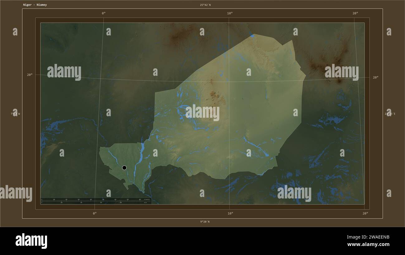 Niger highlighted on a Colored elevation map with lakes and rivers map ...