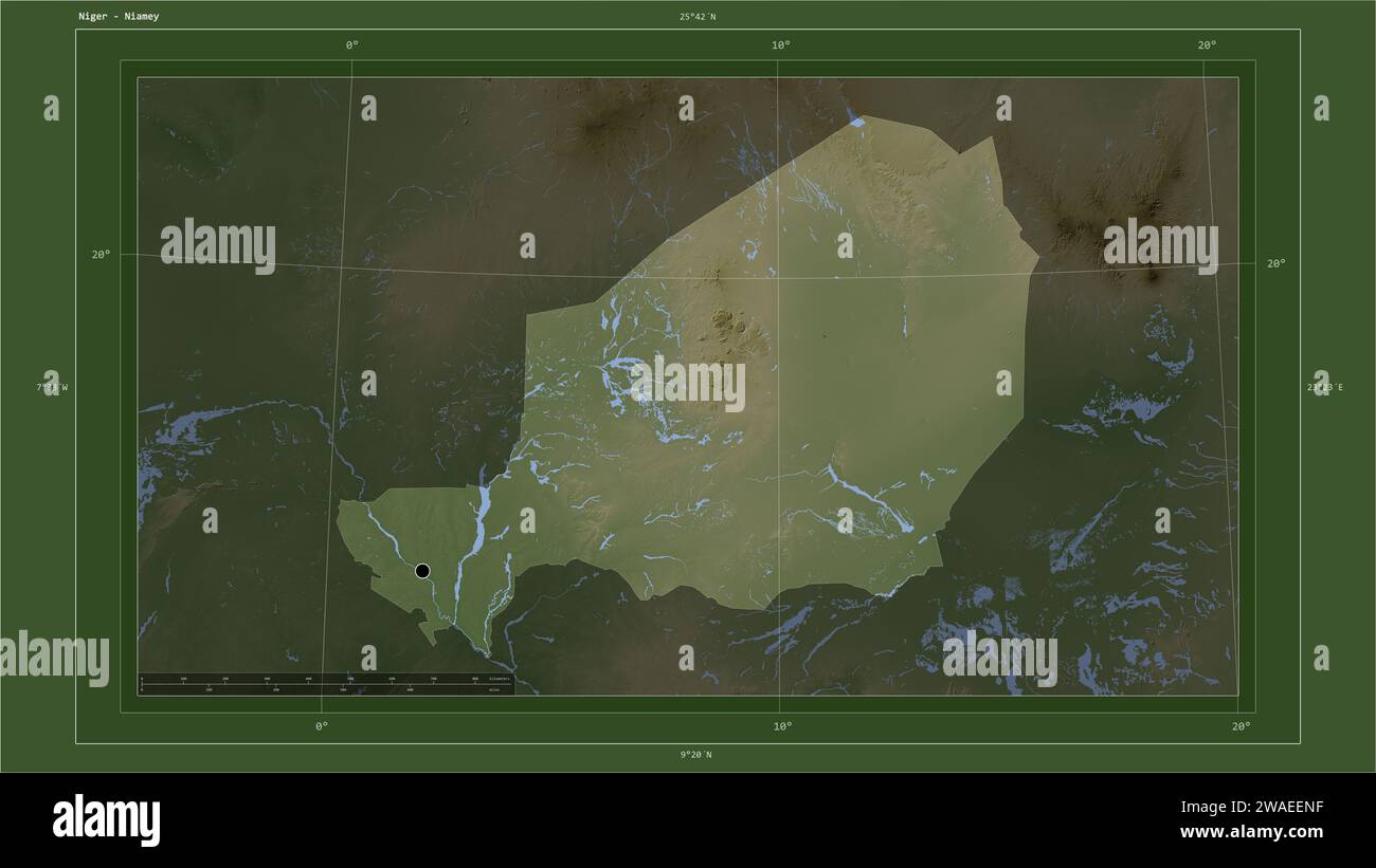 Niger highlighted on a Pale colored elevation map with lakes and rivers map with the country's ...