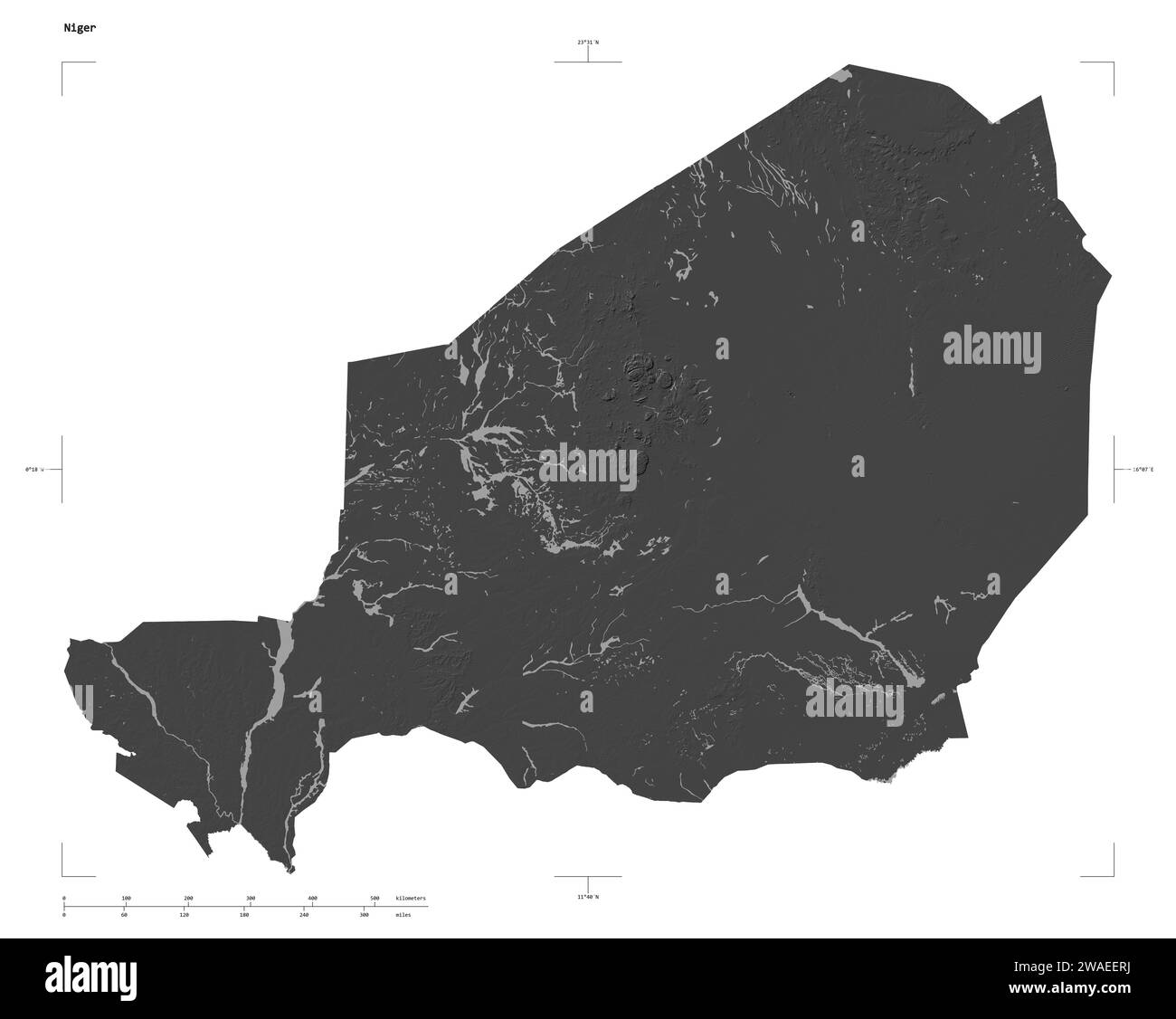 Shape of a Bilevel elevation map with lakes and rivers of the Niger, with distance scale and map ...