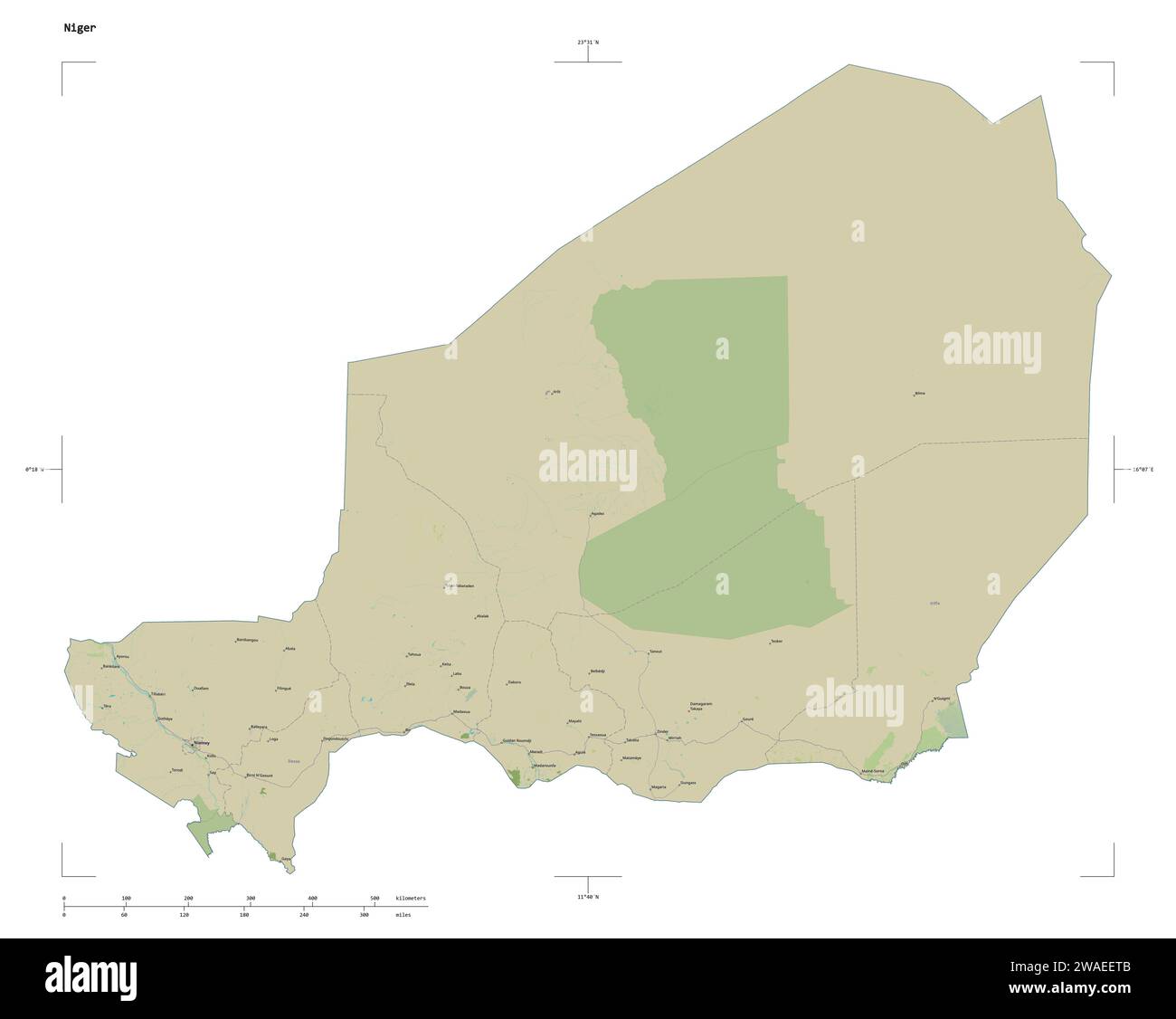 Shape of a topographic, OSM Humanitarian style map of the Niger, with ...