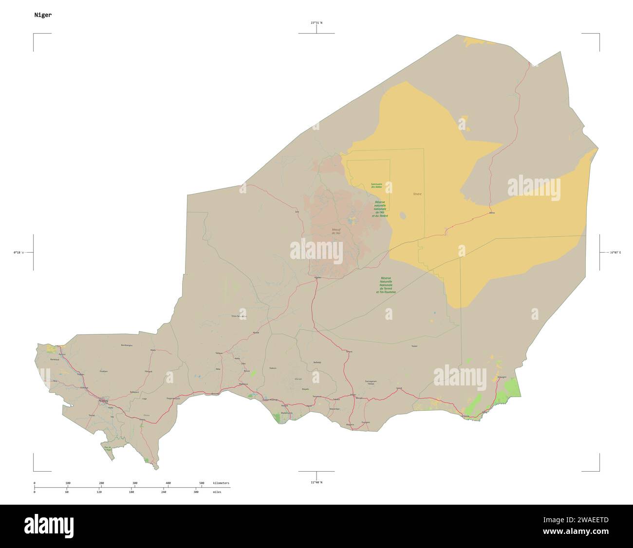 Shape of a topographic, OSM Germany style map of the Niger, with distance scale and map border ...
