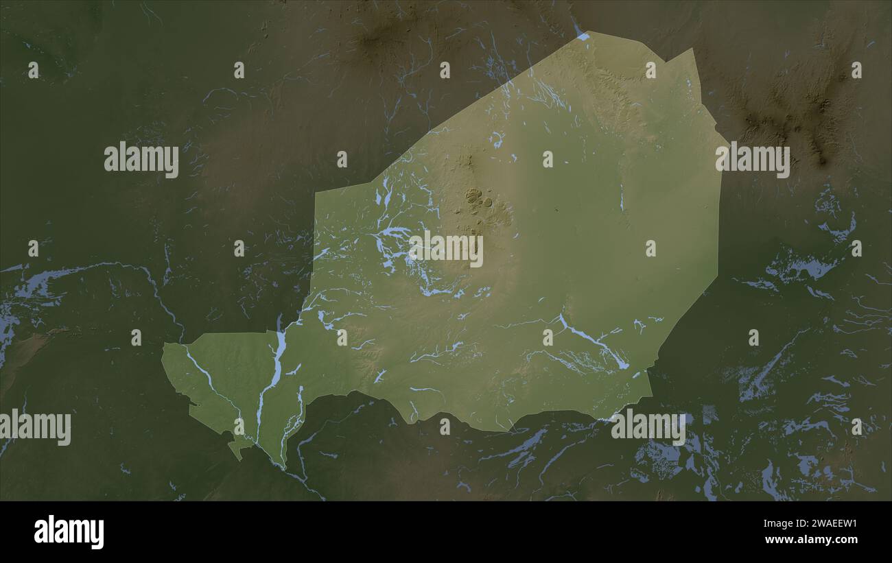 Niger highlighted on a Pale colored elevation map with lakes and rivers ...