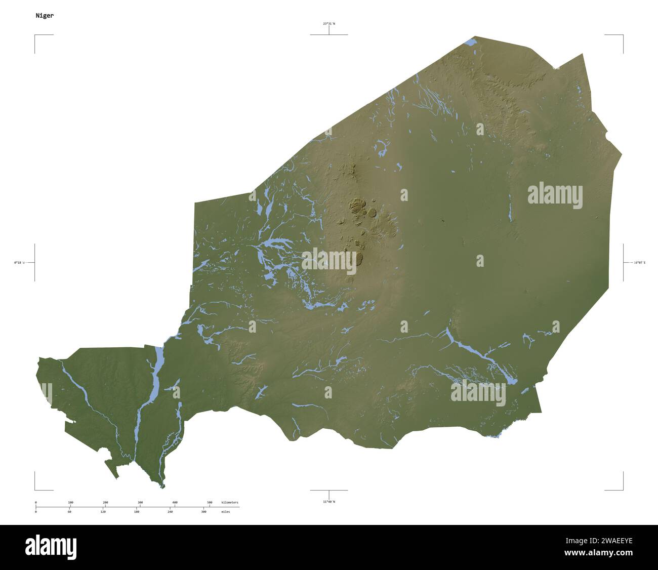 Shape of a Pale colored elevation map with lakes and rivers of the Niger, with distance scale ...