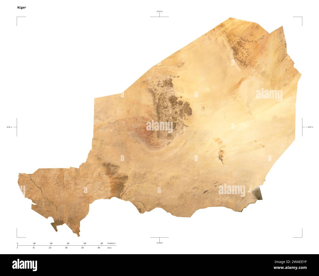 Shape of a low resolution satellite map of the Niger, with distance scale and map border ...
