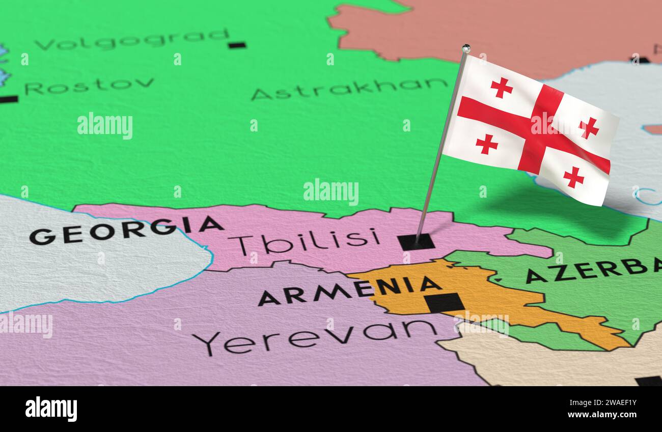 Georgia, Tbilisi - national flag pinned on political map - 3D ...