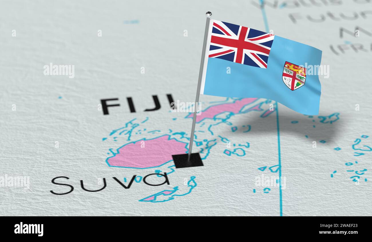 Fiji, Suva - national flag pinned on political map - 3D illustration ...