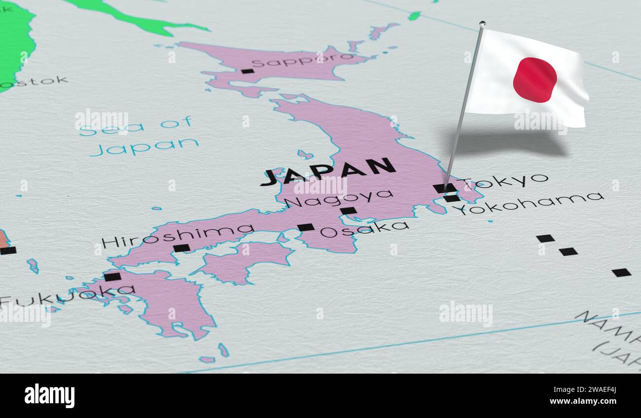 Japan, Tokyo - national flag pinned on political map - 3D illustration ...