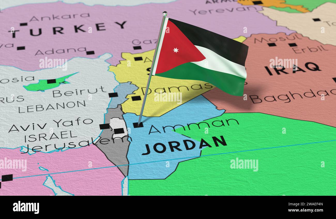 Jordan, Amman - national flag pinned on political map - 3D illustration ...