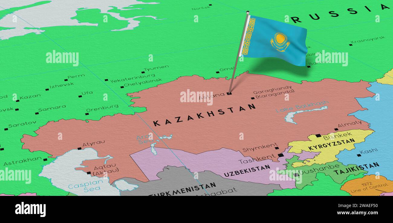 Kazakhstan, Astana - national flag pinned on political map - 3D ...
