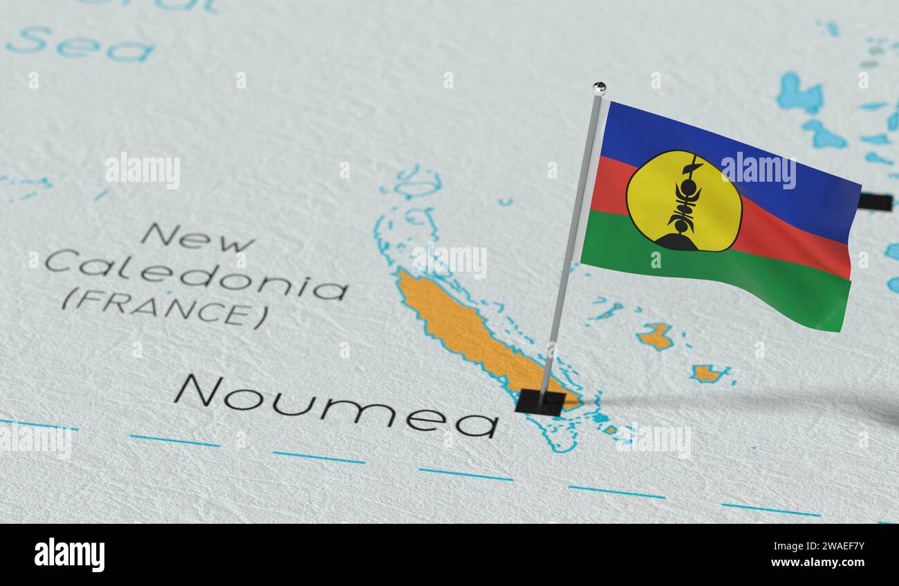 New Caledonia, Noumea - national flag pinned on political map - 3D ...