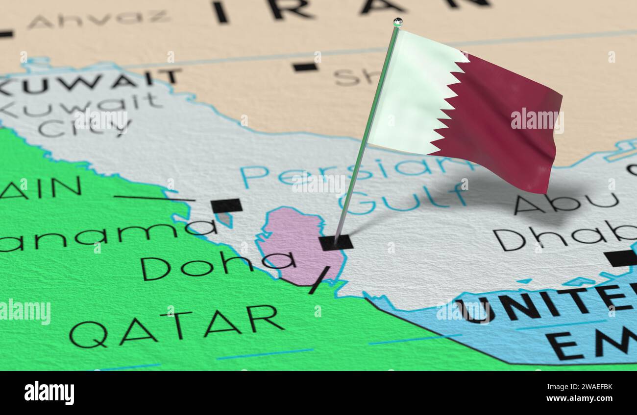 Qatar, Doha - national flag pinned on political map - 3D illustration ...