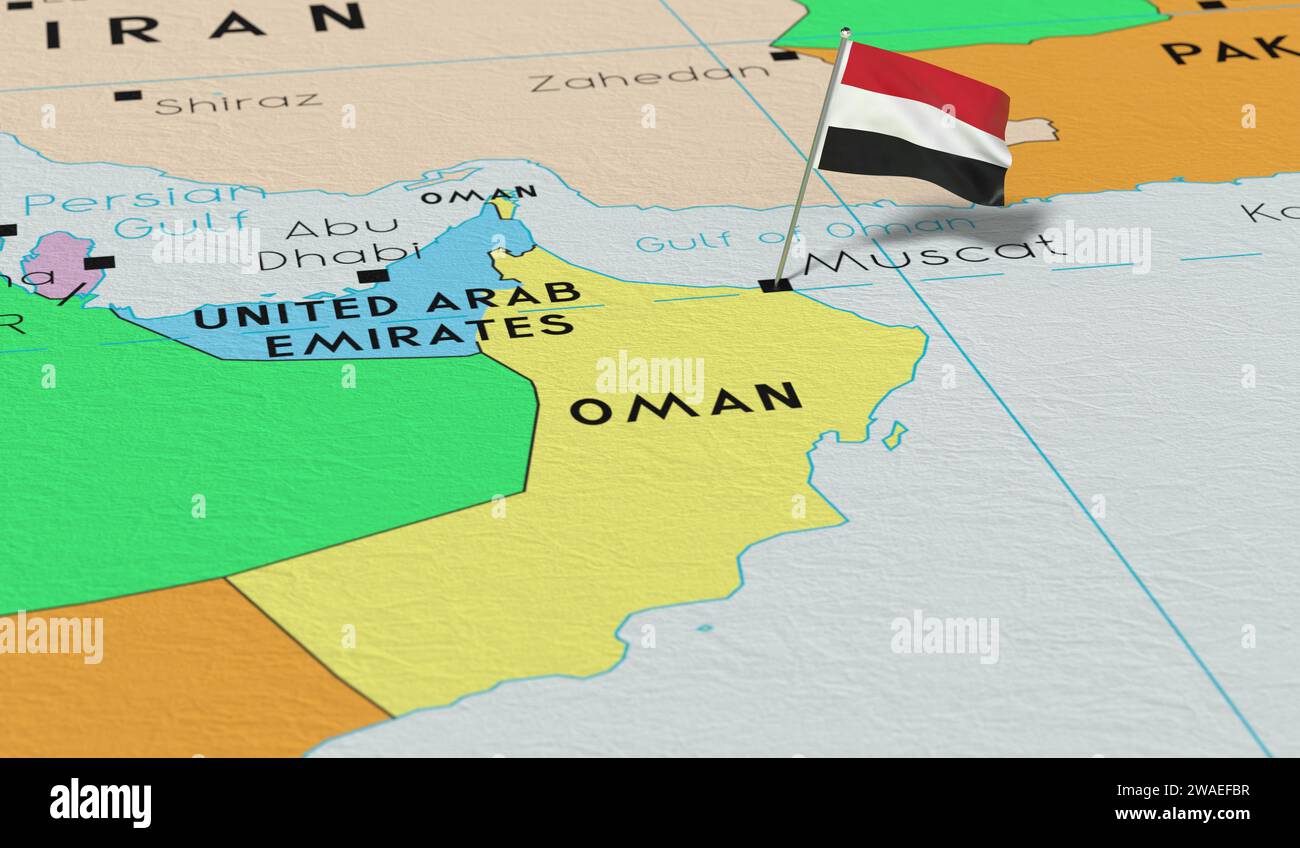 Oman, Muscat - national flag pinned on political map - 3D illustration ...