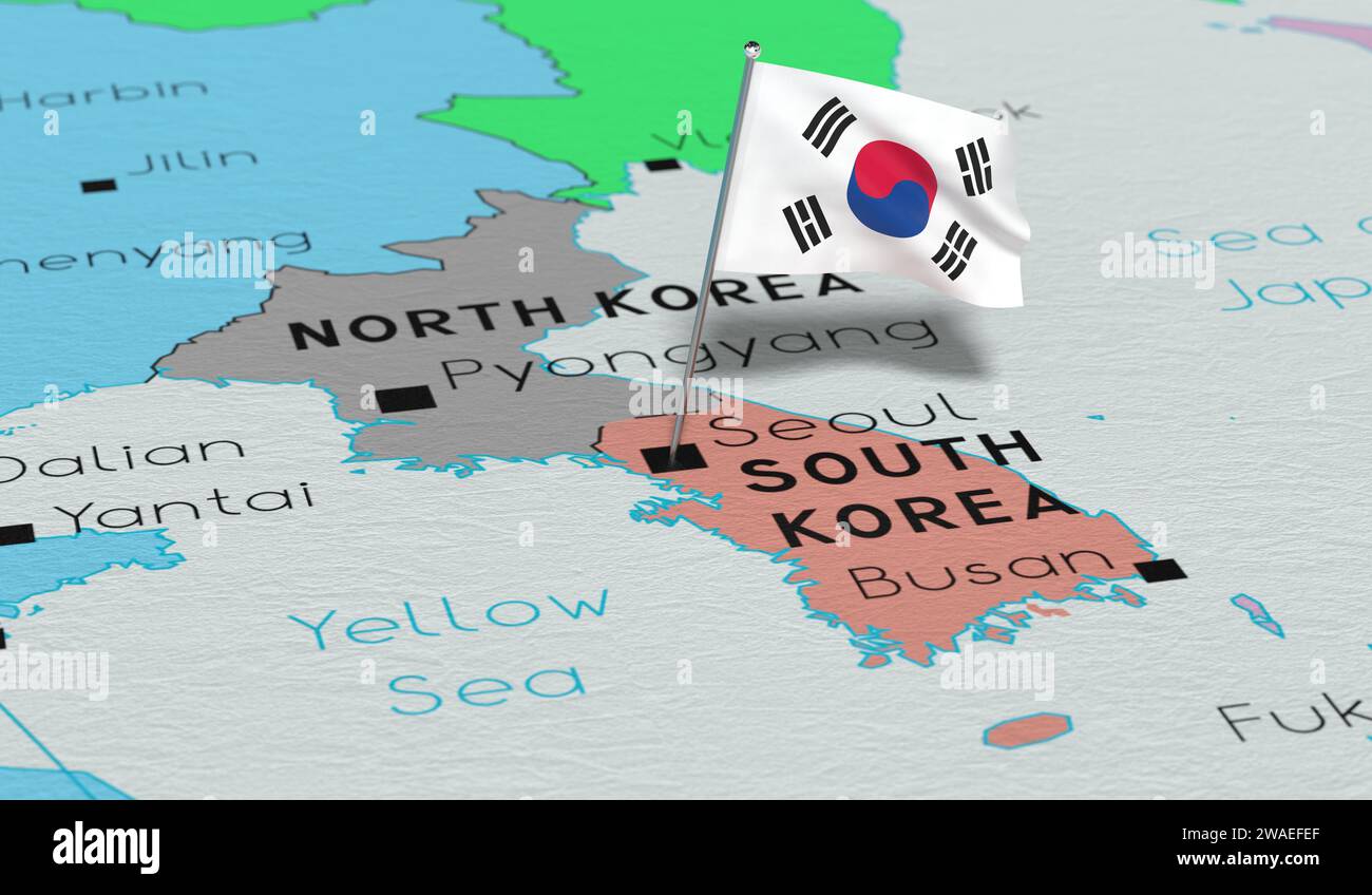 South Korea, Seoul - national flag pinned on political map - 3D ...