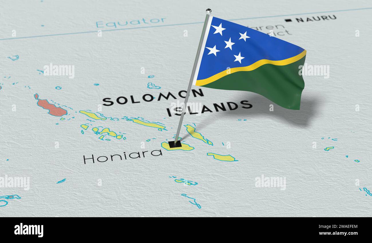 Solomon Islands, Honiara - national flag pinned on political map - 3D ...