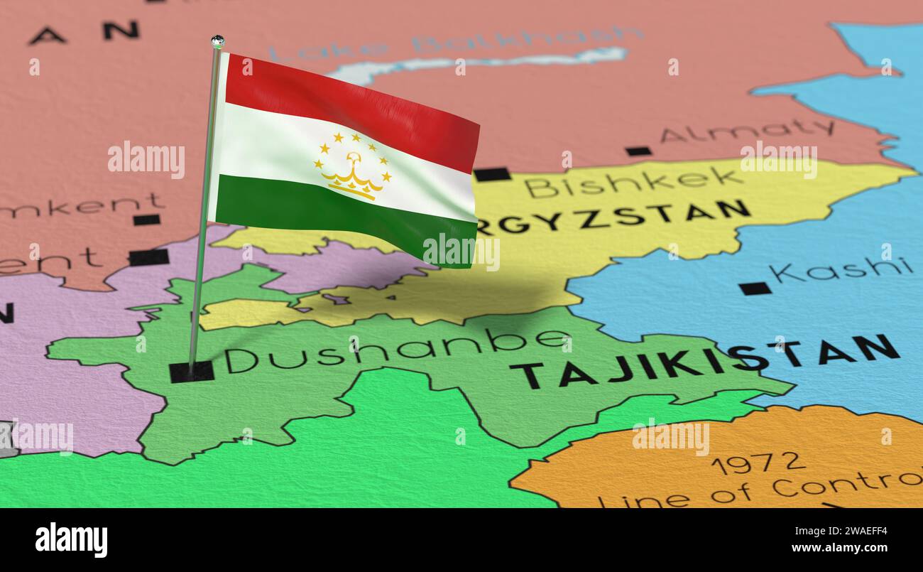 Tajikistan, Dushanbe - national flag pinned on political map - 3D ...