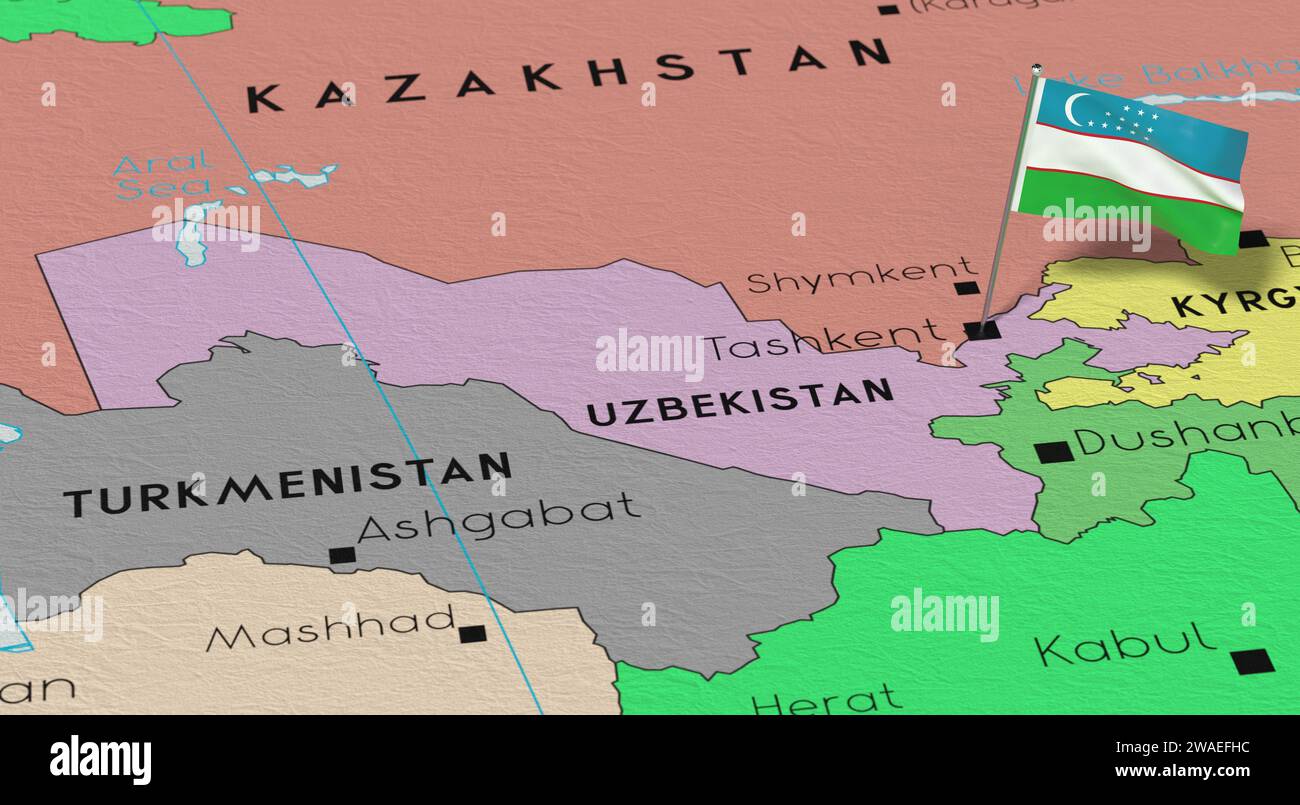 Uzbekistan, Tashkent - national flag pinned on political map - 3D ...