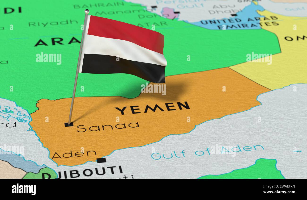 Yemen, Sanaa - national flag pinned on political map - 3D illustration ...