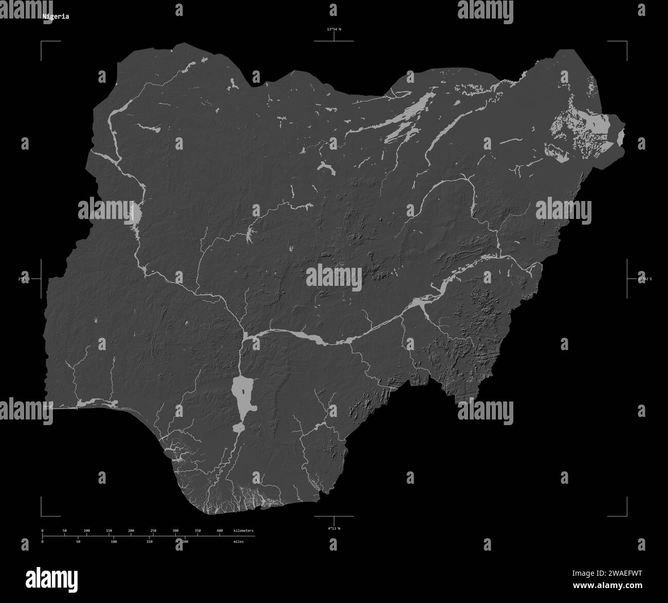 Shape of a Bilevel elevation map with lakes and rivers of the Nigeria, with distance scale and ...