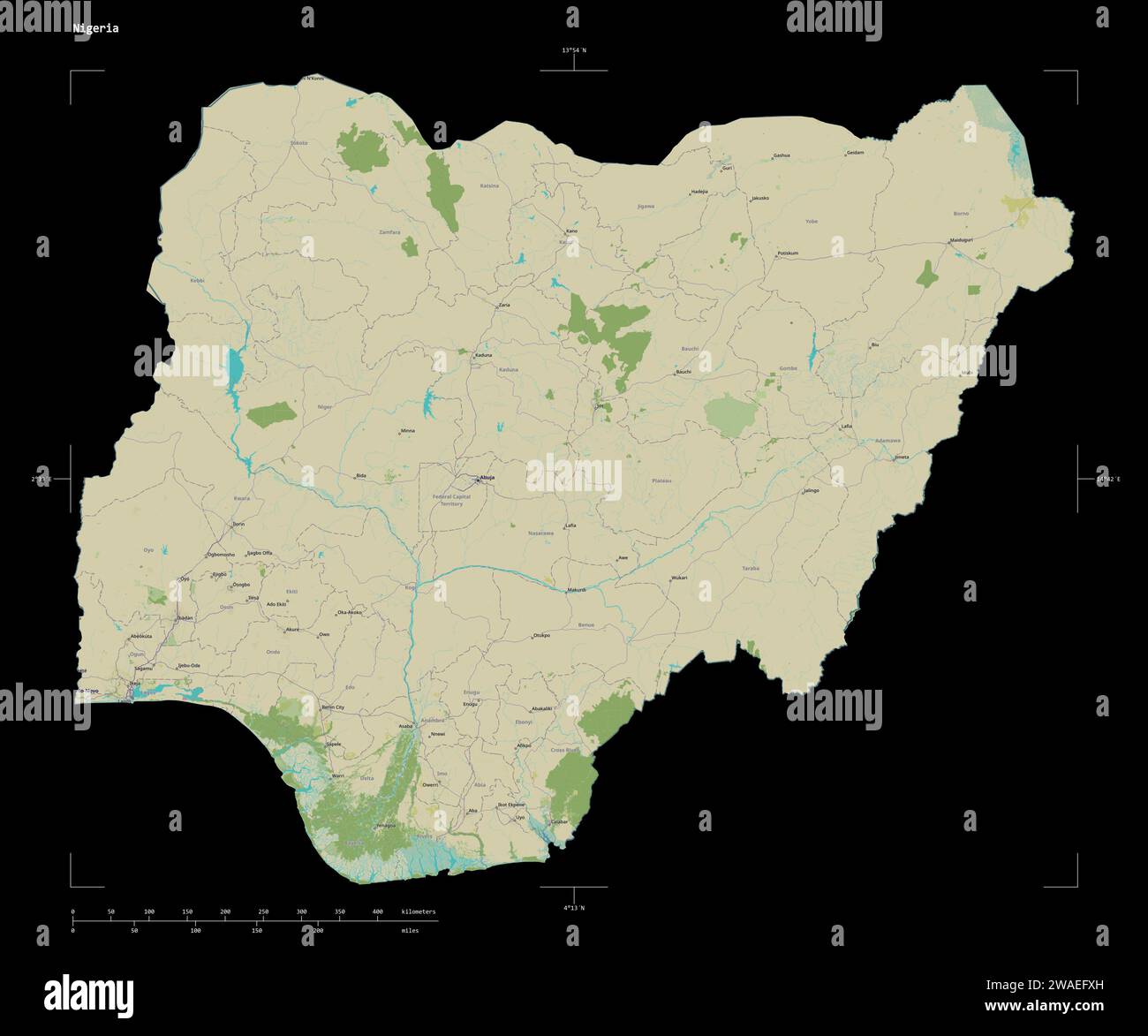 Shape of a topographic, OSM Humanitarian style map of the Nigeria, with ...