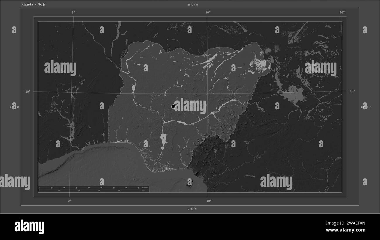 Nigeria highlighted on a Bilevel elevation map with lakes and rivers ...