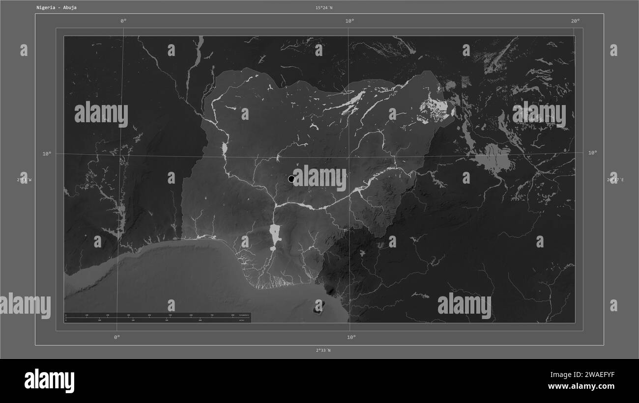 Nigeria highlighted on a Grayscale elevation map with lakes and rivers ...
