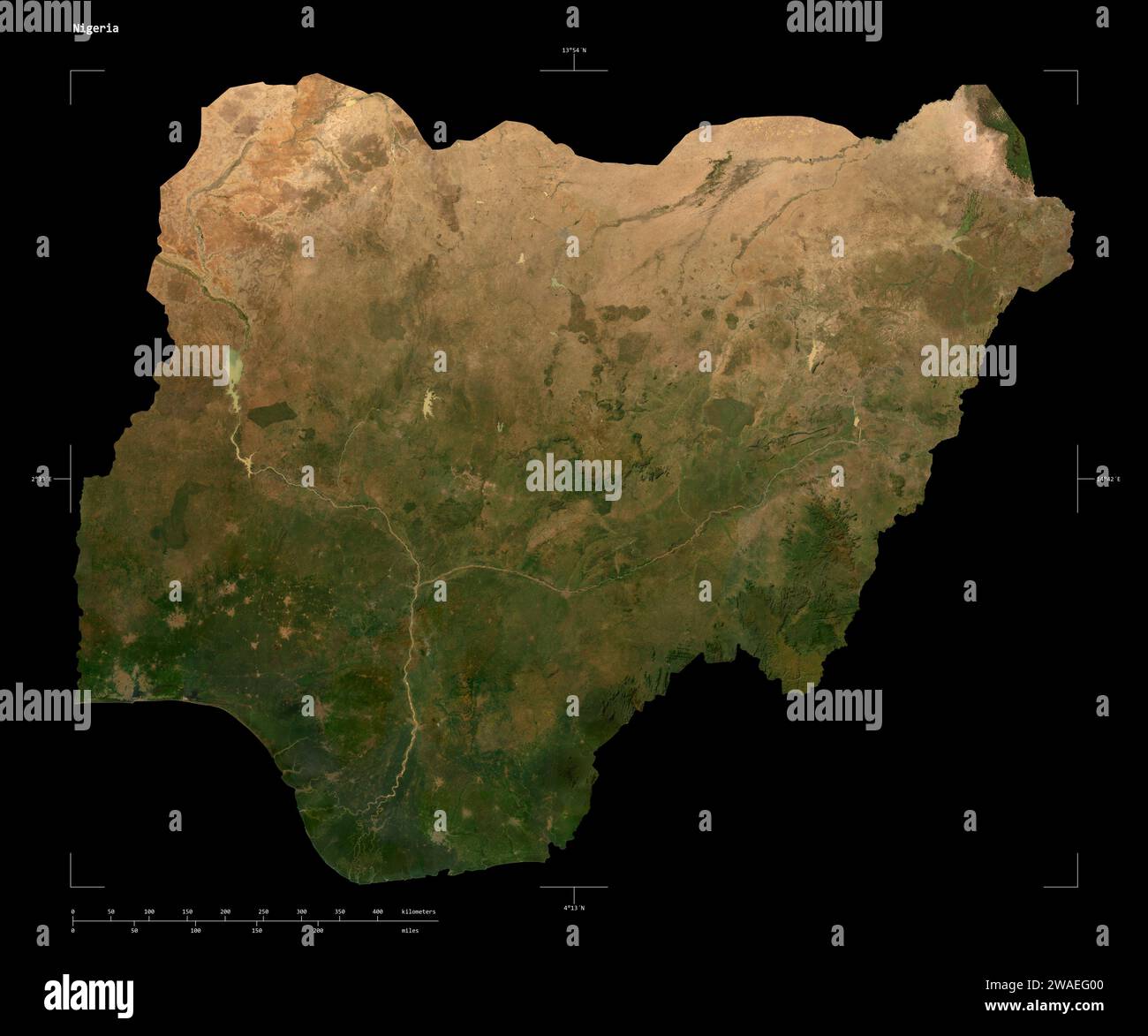 Shape of a low resolution satellite map of the Nigeria, with distance ...
