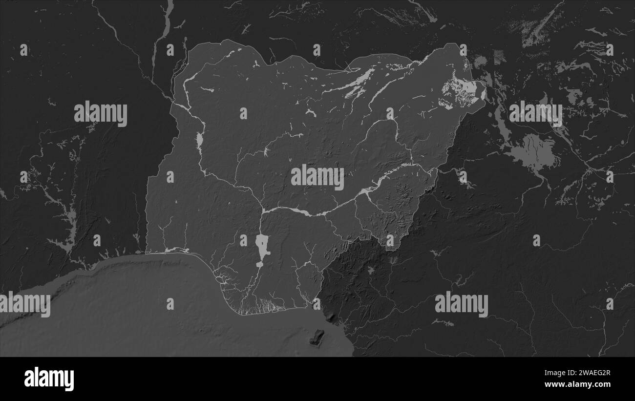 Nigeria highlighted on a Bilevel elevation map with lakes and rivers ...