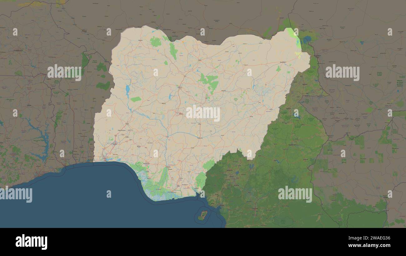 Nigeria highlighted on a topographic, OSM standard style map Stock ...