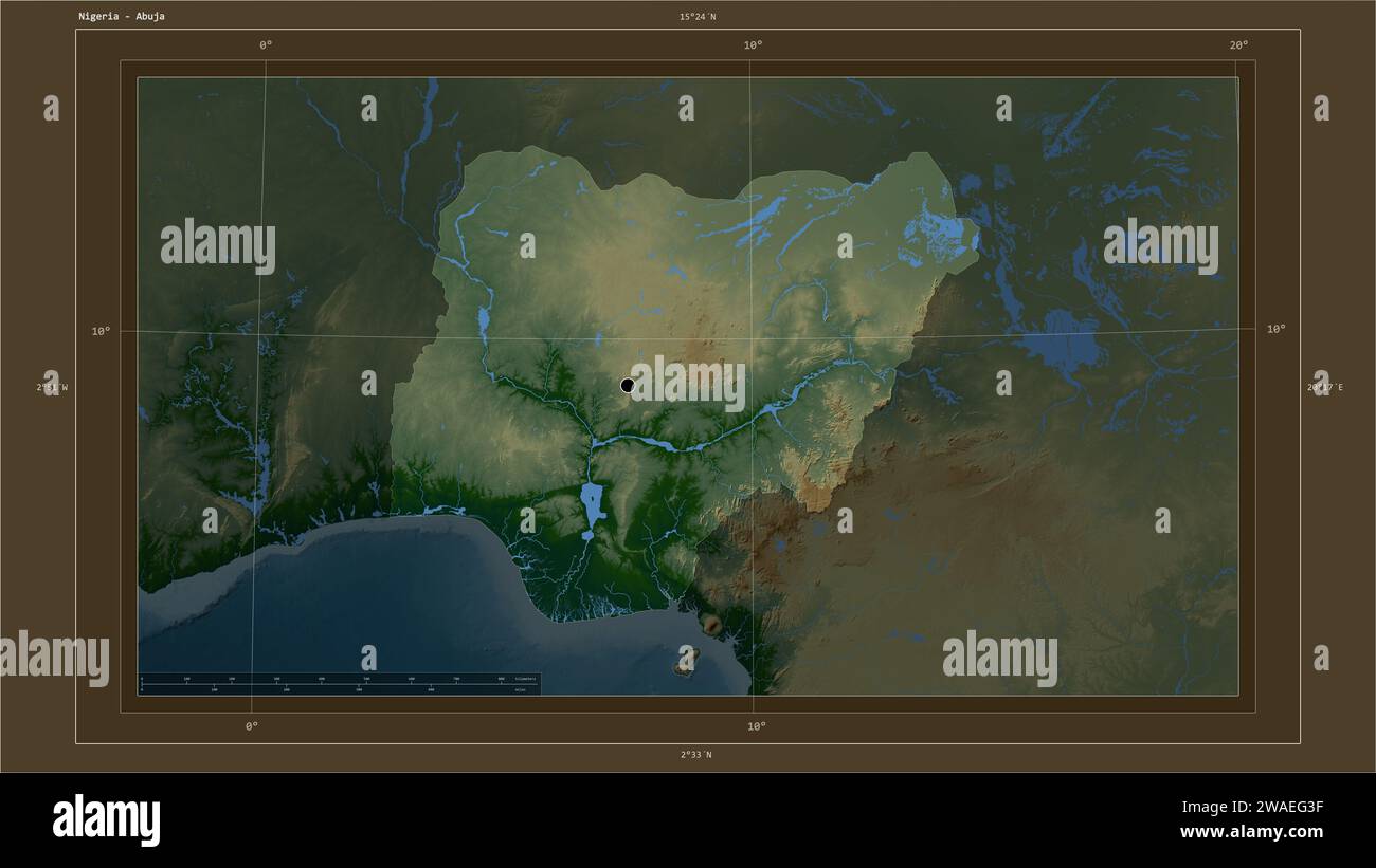 Nigeria highlighted on a Colored elevation map with lakes and rivers ...