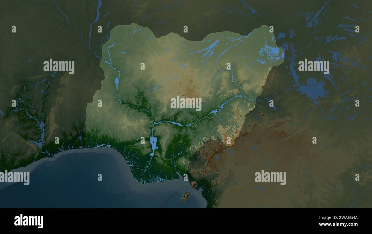 Nigeria highlighted on a Colored elevation map with lakes and rivers ...