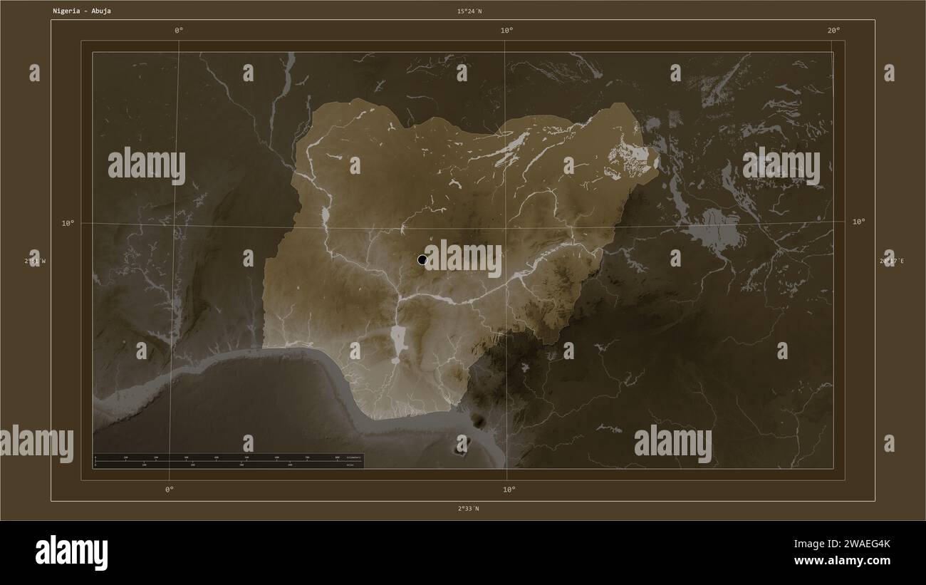 Nigeria highlighted on a elevation map colored in sepia tones with ...