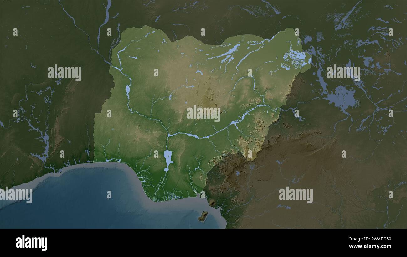 Nigeria highlighted on a Pale colored elevation map with lakes and ...
