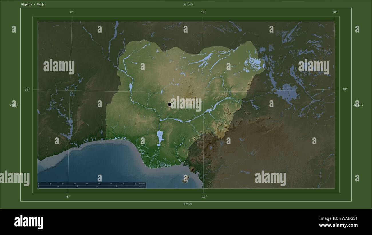 Nigeria highlighted on a Pale colored elevation map with lakes and ...