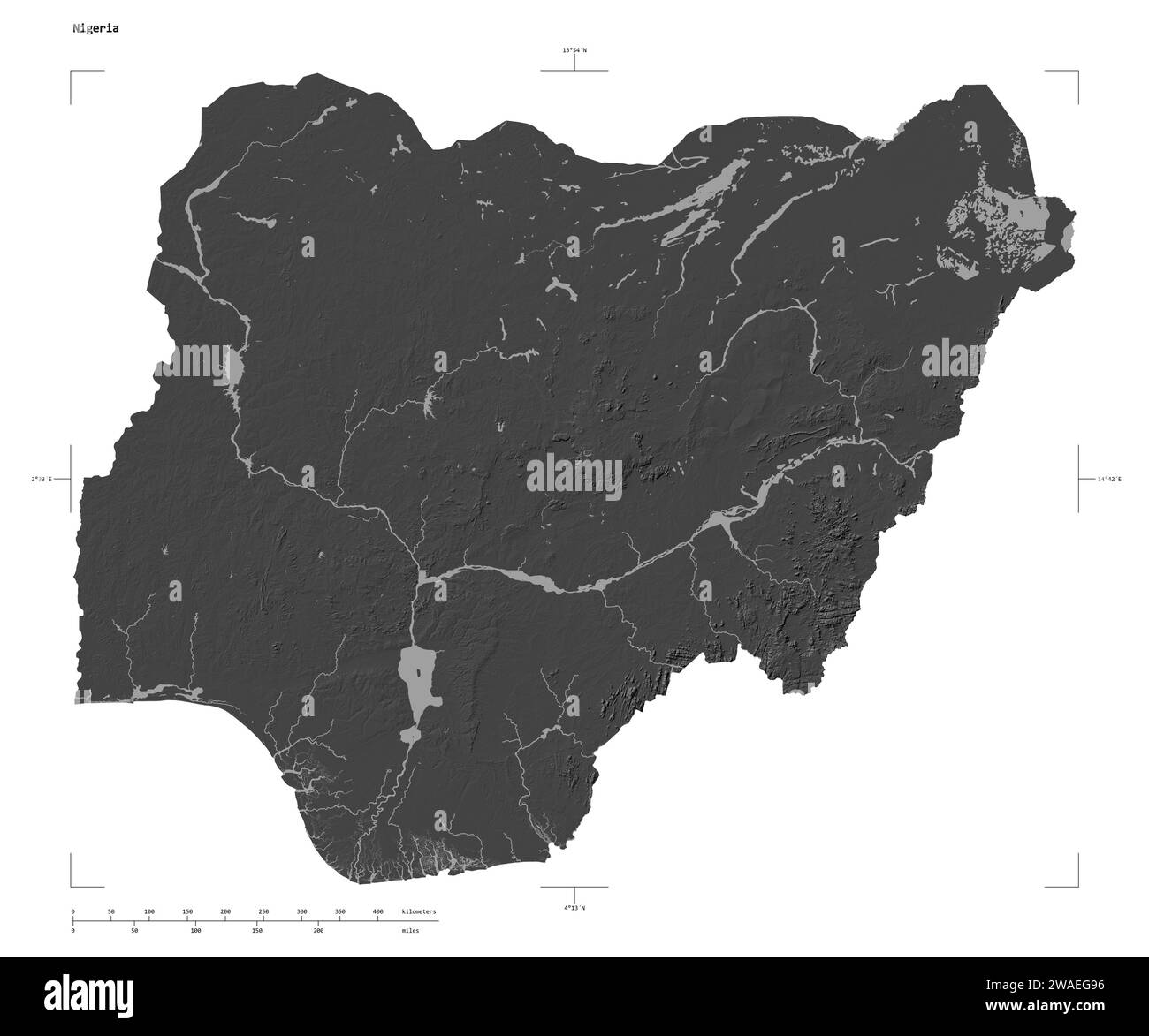 Shape of a Bilevel elevation map with lakes and rivers of the Nigeria ...