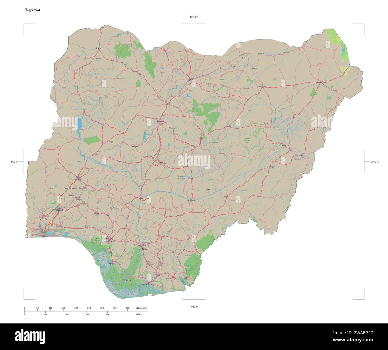 Shape of a topographic, OSM Germany style map of the Nigeria, with ...