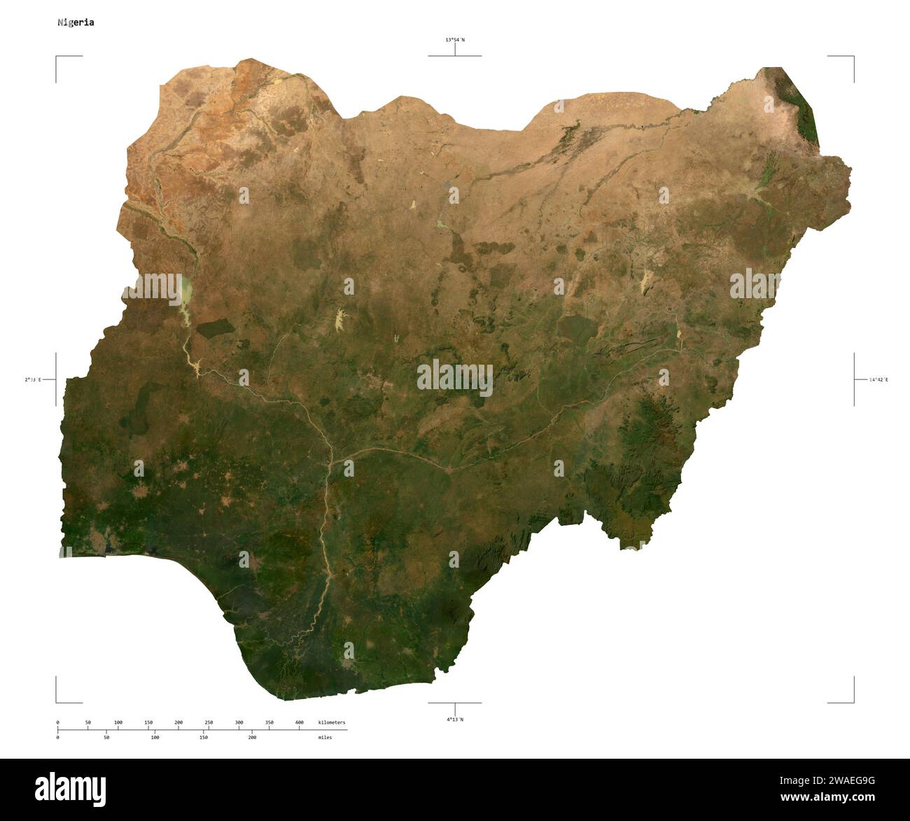 Shape of a low resolution satellite map of the Nigeria, with distance ...