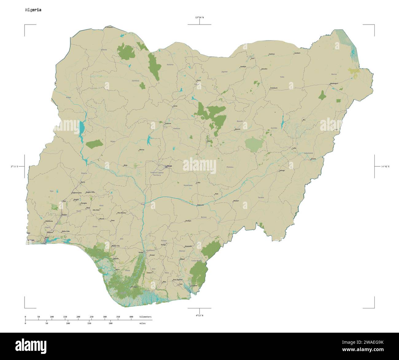 Shape of a topographic, OSM Humanitarian style map of the Nigeria, with ...