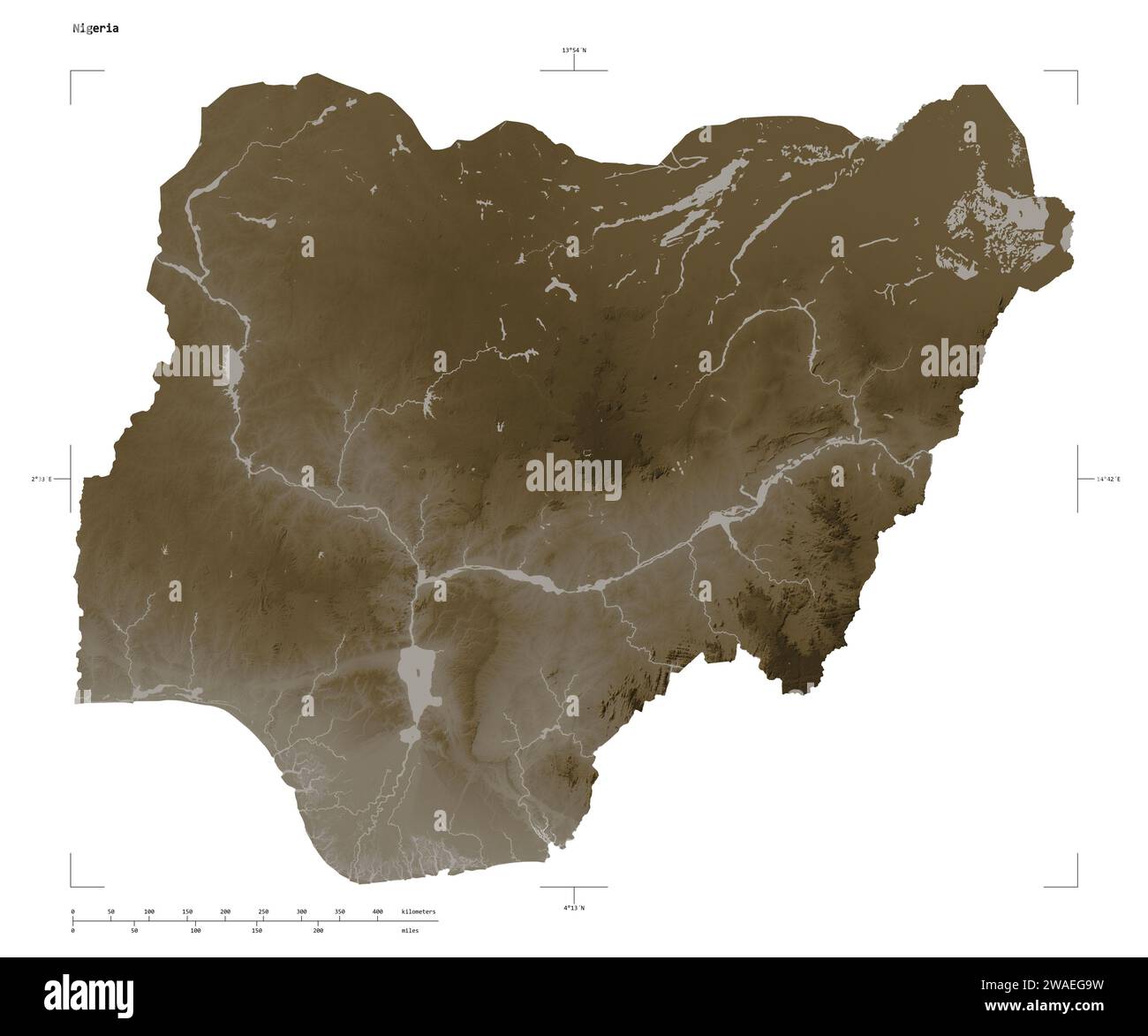 Shape of a elevation map colored in sepia tones with lakes and rivers ...