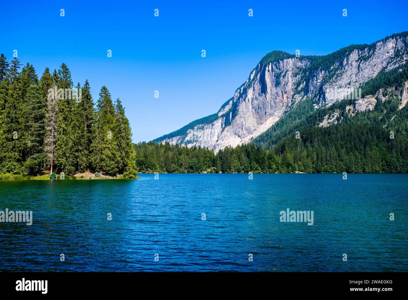 View over the surface of the lake Lago di Tovel, the rock cliff of the ...