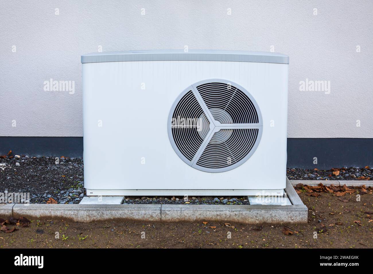Air source heat pump installed outside a house, green renewable energy ...