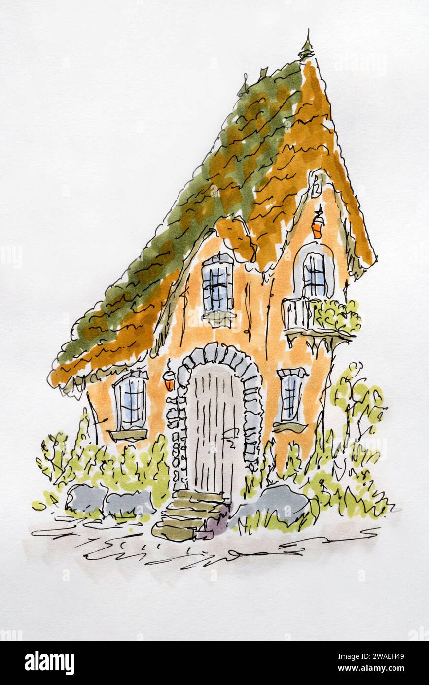 House sketch created with liner and markers. Color illustration on ...