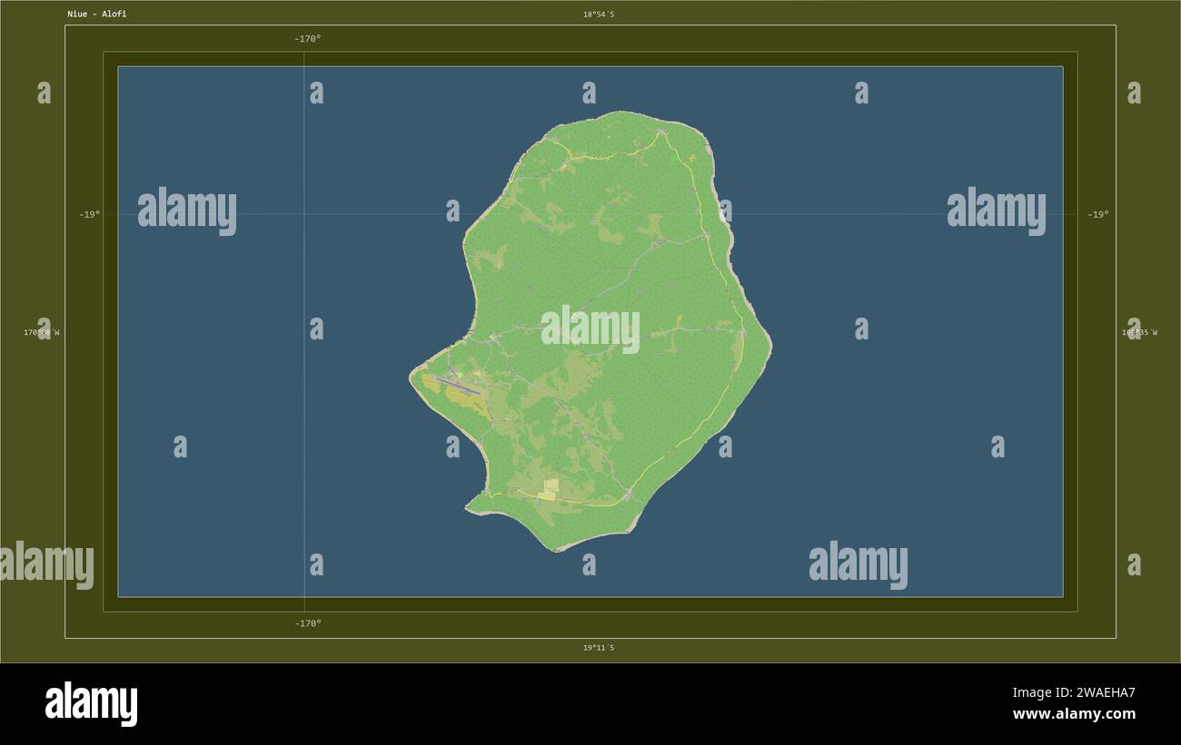 Niue highlighted on a topographic, OSM standard style map map with the country's capital point ...