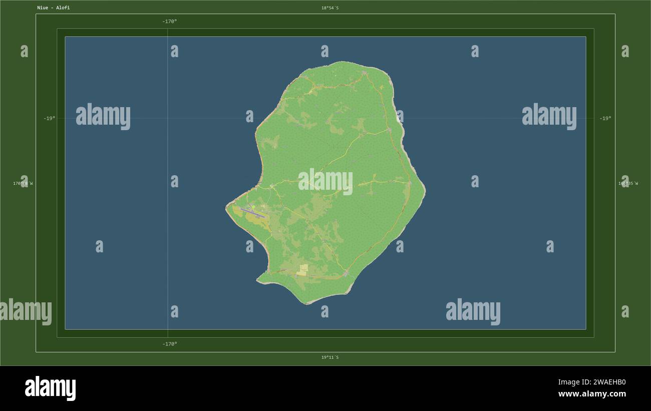 Niue highlighted on a topographic, OSM Germany style map map with the country's capital point ...