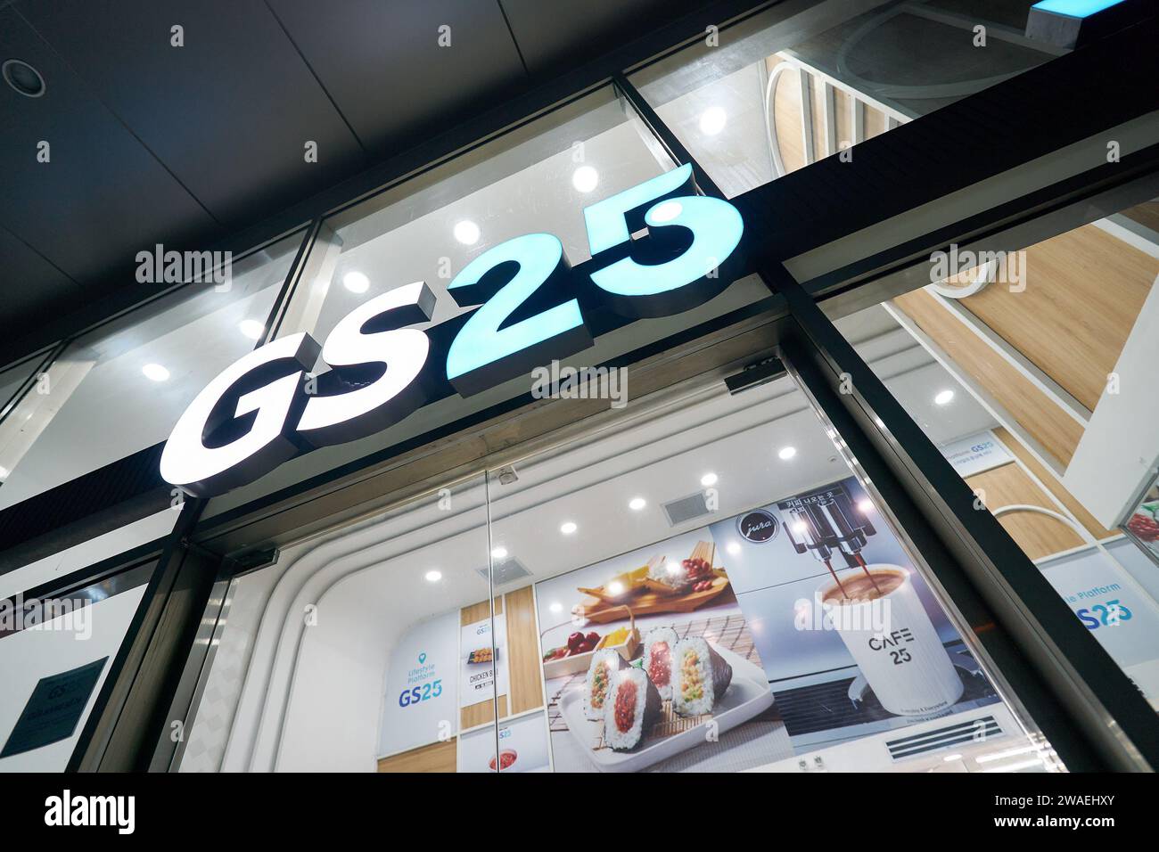 HO CHI MINH CITY, VIETNAM - MARCH 29, 2023: close up shot of GS25 sign. GS25 is a South Korean ...