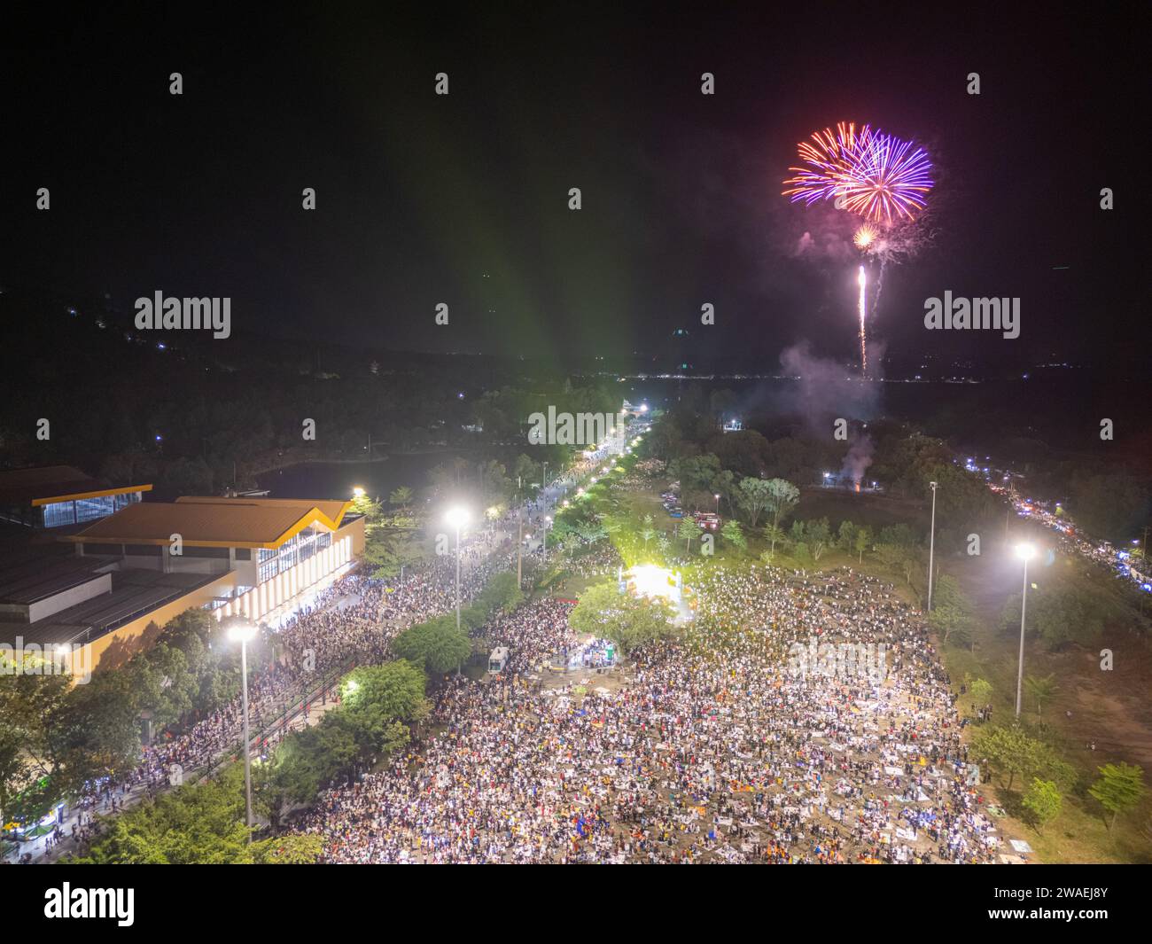Celebration. Skyline with fireworks light up sky in Ba Den mountain ...