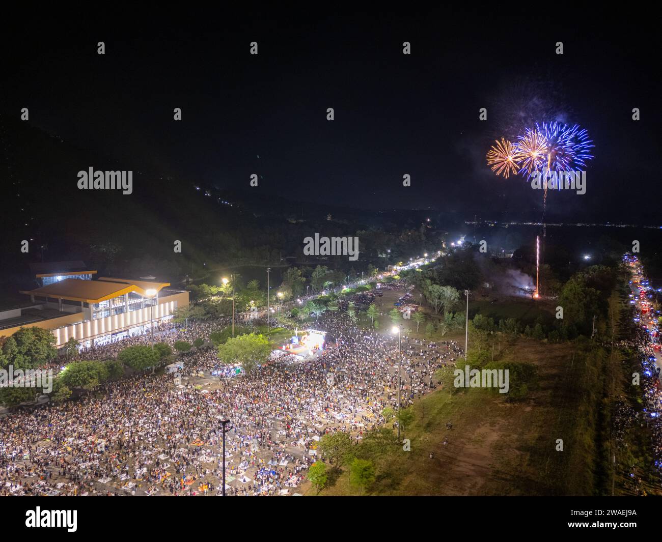 Celebration. Skyline with fireworks light up sky in Ba Den mountain ...